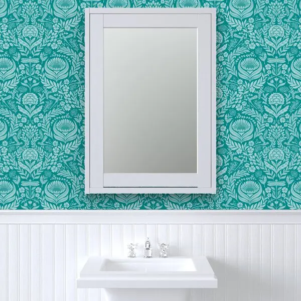 Spoonflower Floral Victorian Whimsical Dragonflies Art Custom Pre-pasted Wallpaper - Teal