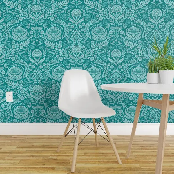 Spoonflower Floral Victorian Whimsical Dragonflies Art Custom Pre-pasted Wallpaper - Teal