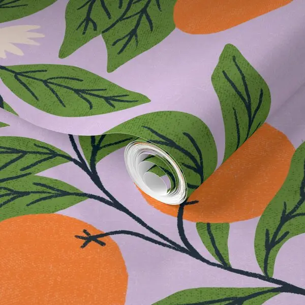 Spoonflower Boho Fruit Citrus Bohemian Orchard Rustic Custom Pre-pasted Wallpaper - Purple