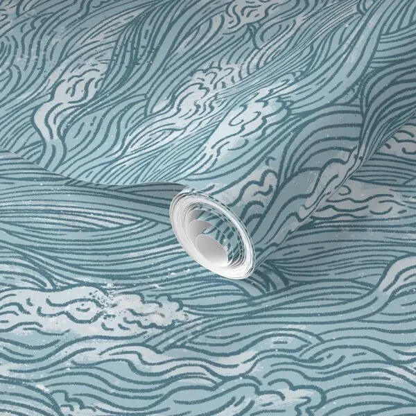 Spoonflower Water Hand Drawn Sea Nautical Ocean Beach Custom Pre-pasted Wallpaper - Blue
