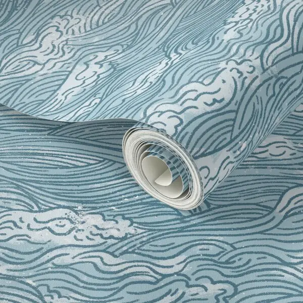Spoonflower Water Hand Drawn Sea Nautical Ocean Beach Custom Pre-pasted Wallpaper - Blue
