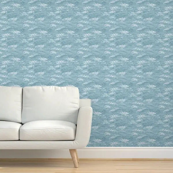 Spoonflower Water Hand Drawn Sea Nautical Ocean Beach Custom Pre-pasted Wallpaper - Blue