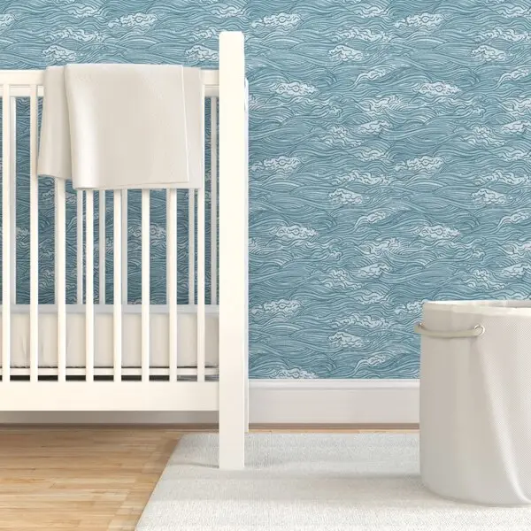 Spoonflower Water Hand Drawn Sea Nautical Ocean Beach Custom Pre-pasted Wallpaper - Blue