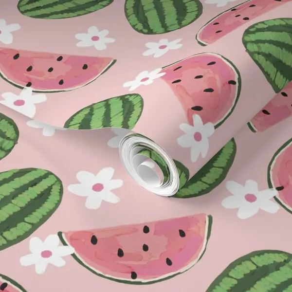 Spoonflower Fruit Summer Daisy Watermelons Garden Picnic Custom Removable Wallpaper - Pink