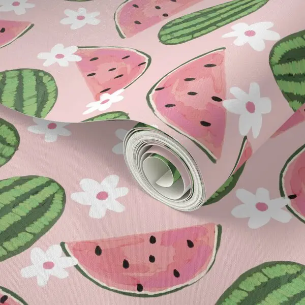 Spoonflower Fruit Summer Daisy Watermelons Garden Picnic Custom Pre-pasted Wallpaper - Pink