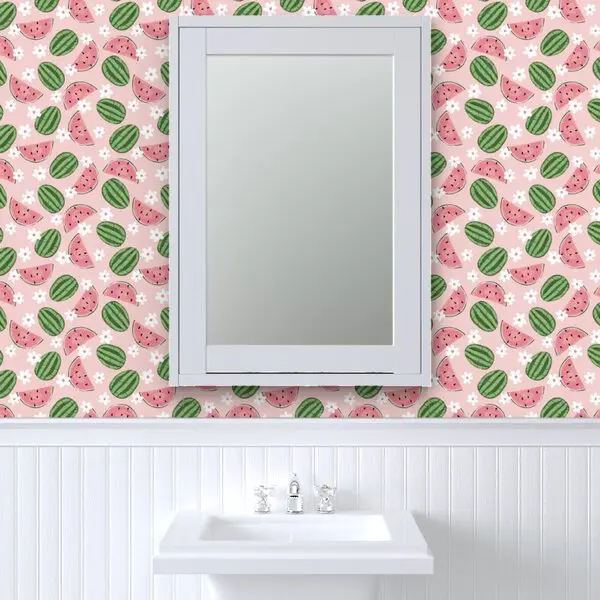 Spoonflower Fruit Summer Daisy Watermelons Garden Picnic Custom Pre-pasted Wallpaper - Pink