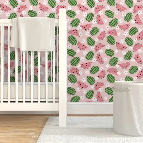 Spoonflower Fruit Summer Daisy Watermelons Garden Picnic Custom Pre-pasted Wallpaper - Pink
