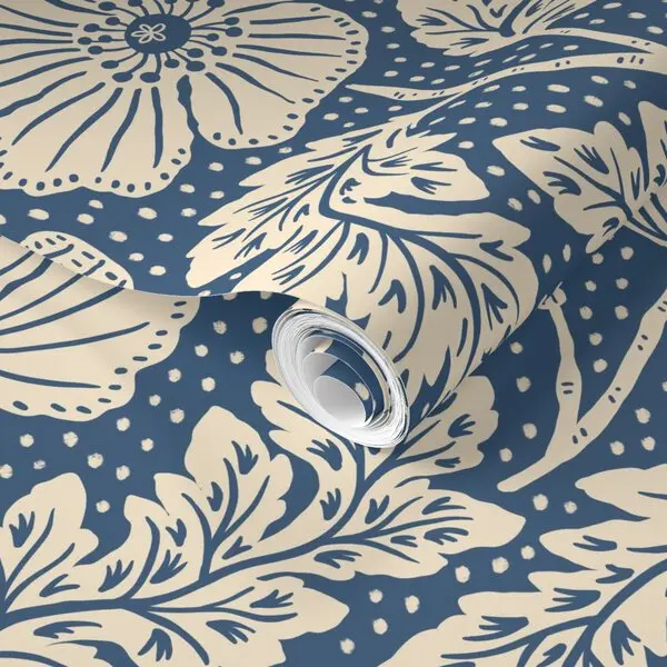 Spoonflower Vintage Floral Botanical Garden Bloom Meadow Custom Pre-pasted Wallpaper - Blue