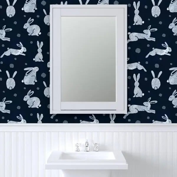 Spoonflower Indigo Rabbits Dark Bunny Snow Hare Winter Custom Pre-pasted Wallpaper