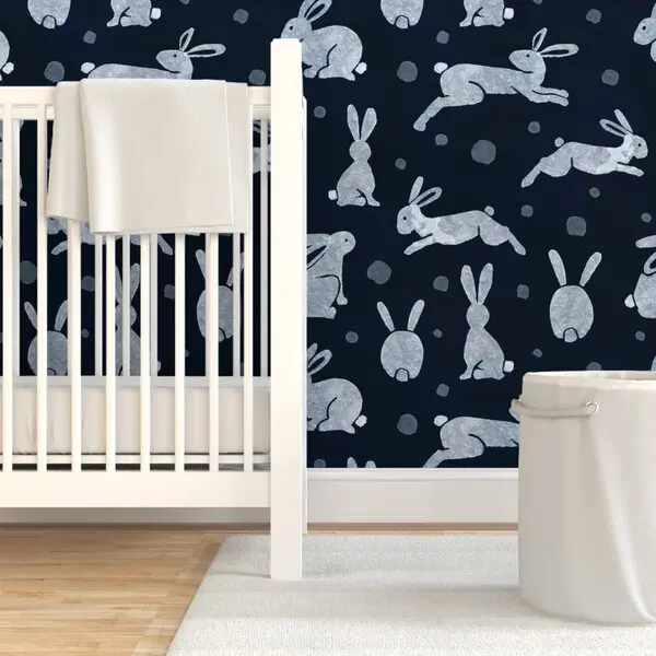 Spoonflower Indigo Rabbits Dark Bunny Snow Hare Winter Custom Pre-pasted Wallpaper