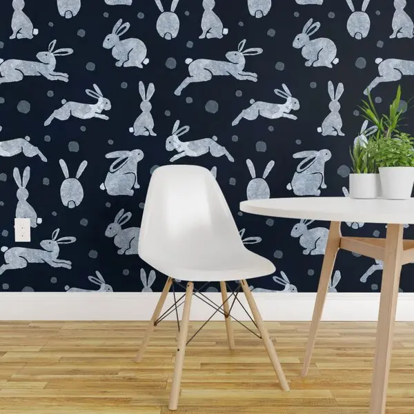 Spoonflower Indigo Rabbits Dark Bunny Snow Hare Winter Custom Pre-pasted Wallpaper