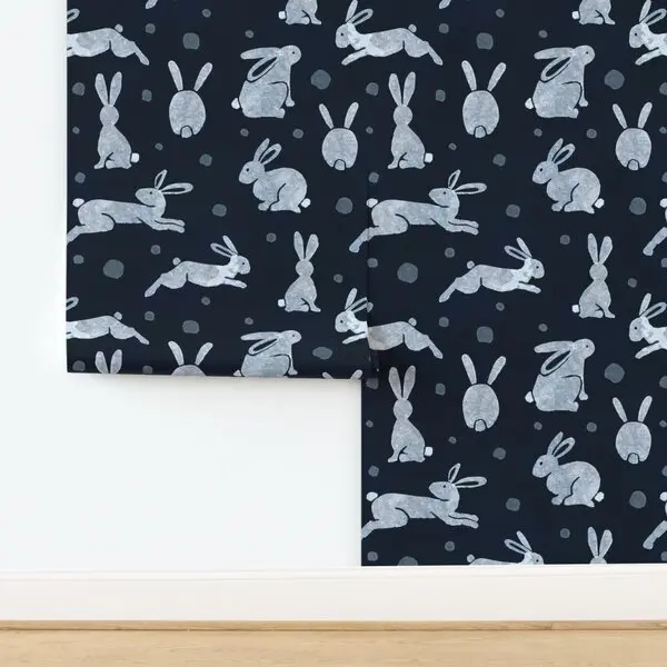 Spoonflower Indigo Rabbits Dark Bunny Snow Hare Winter Custom Pre-pasted Wallpaper