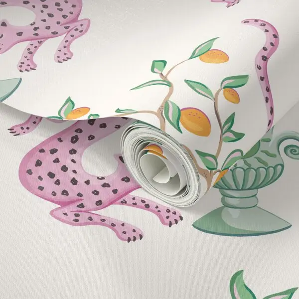 Spoonflower Whimsical Pink Green Orange Damask Animals Custom Pre-pasted Wallpaper - Pink,green,yellow