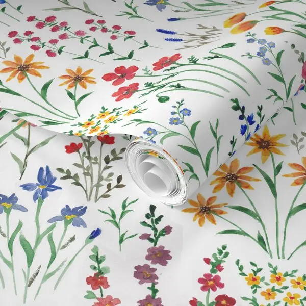Spoonflower Delicate Floral Botanical Garden Bloom Custom Pre-pasted Wallpaper - Green