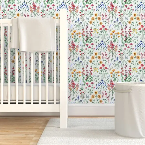 Spoonflower Delicate Floral Botanical Garden Bloom Custom Pre-pasted Wallpaper
