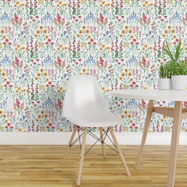 Spoonflower Delicate Floral Botanical Garden Bloom Custom Pre-pasted Wallpaper