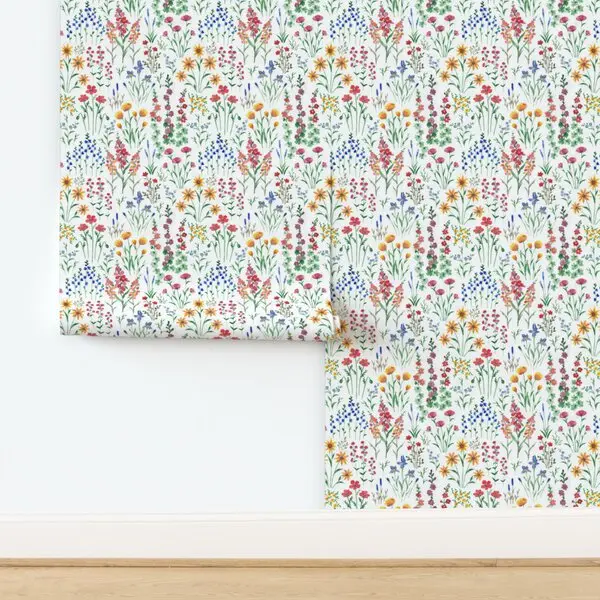 Spoonflower Delicate Floral Botanical Garden Bloom Custom Pre-pasted Wallpaper