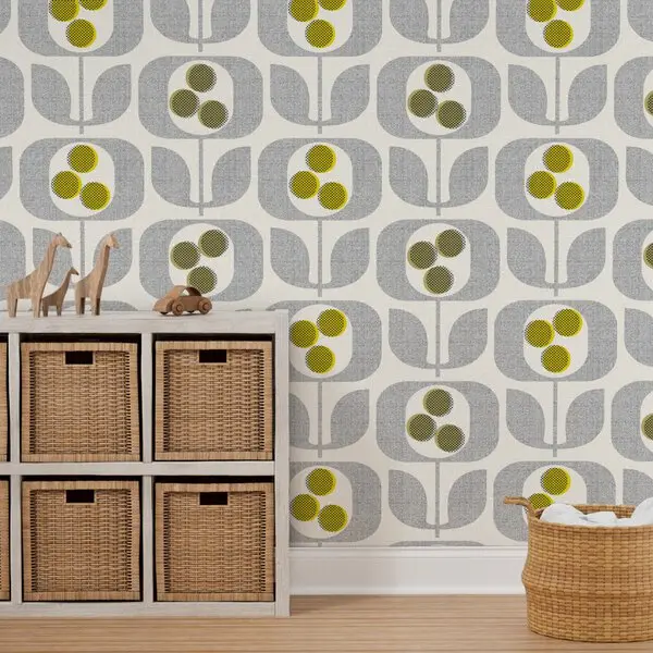 Spoonflower Mid Century Flowers Retro Green Atomic Era Custom Pre-pasted Wallpaper