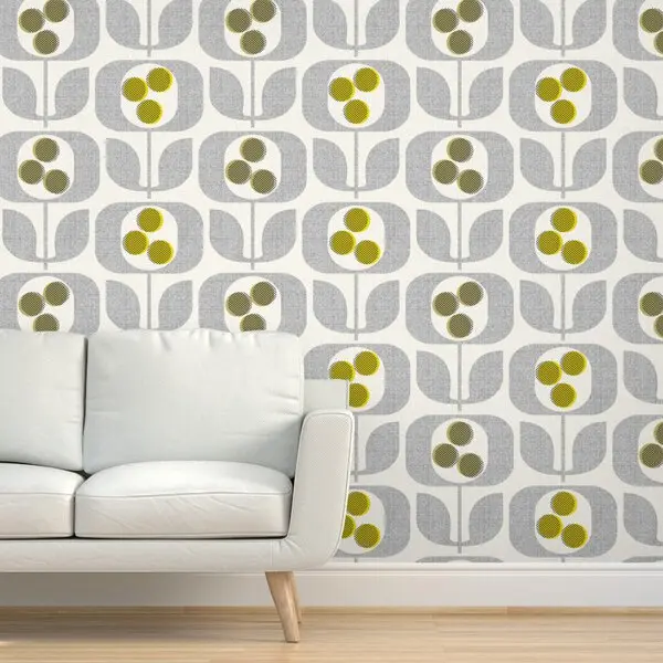 Spoonflower Mid Century Flowers Retro Green Atomic Era Custom Pre-pasted Wallpaper - Gray