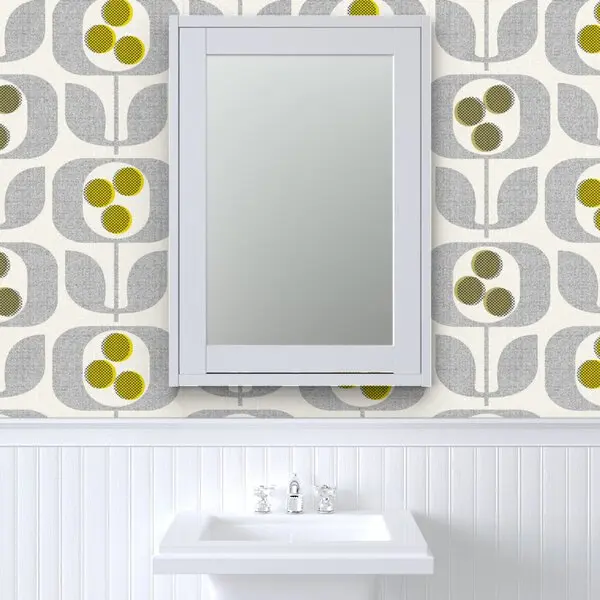 Spoonflower Mid Century Flowers Retro Green Atomic Era Custom Pre-pasted Wallpaper - Gray