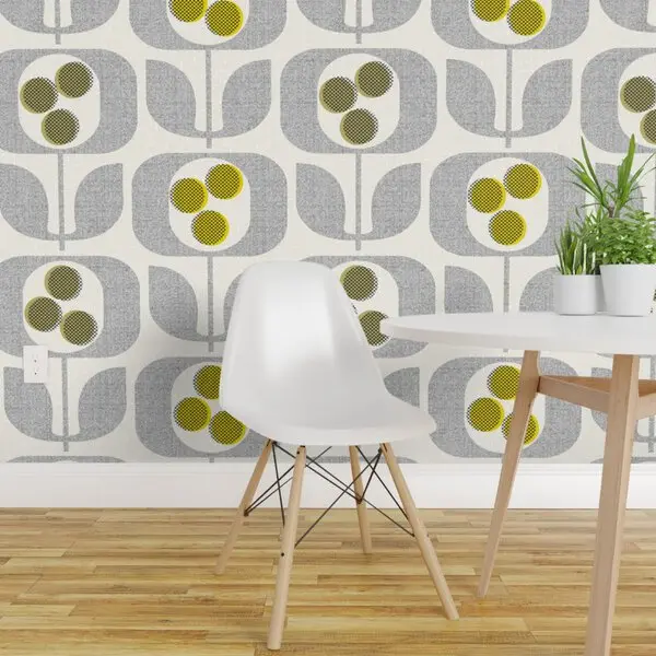 Spoonflower Mid Century Flowers Retro Green Atomic Era Custom Pre-pasted Wallpaper - Gray