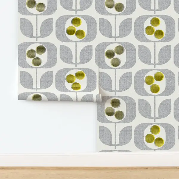 Spoonflower Mid Century Flowers Retro Green Atomic Era Custom Pre-pasted Wallpaper - Gray