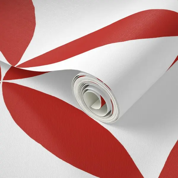 Spoonflower Red Geometric Circle White Petals Minimalist Custom Pre-pasted Wallpaper - White,red