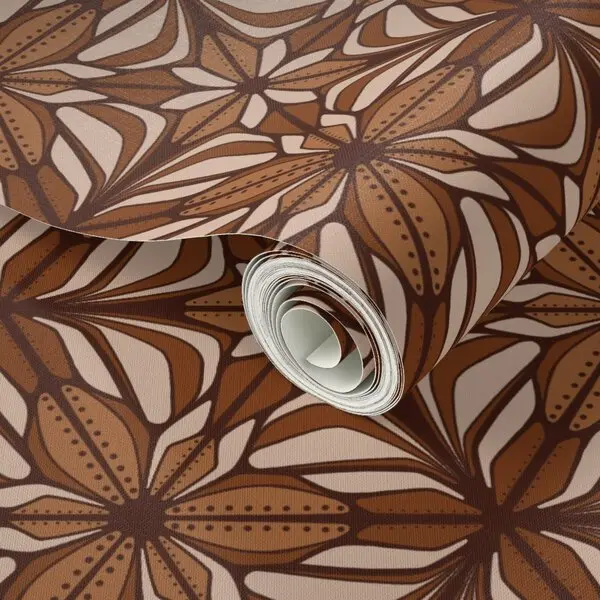 Spoonflower Seventies Kaleidoscope Floral Sixties Retro Custom Pre-pasted Wallpaper - Brown