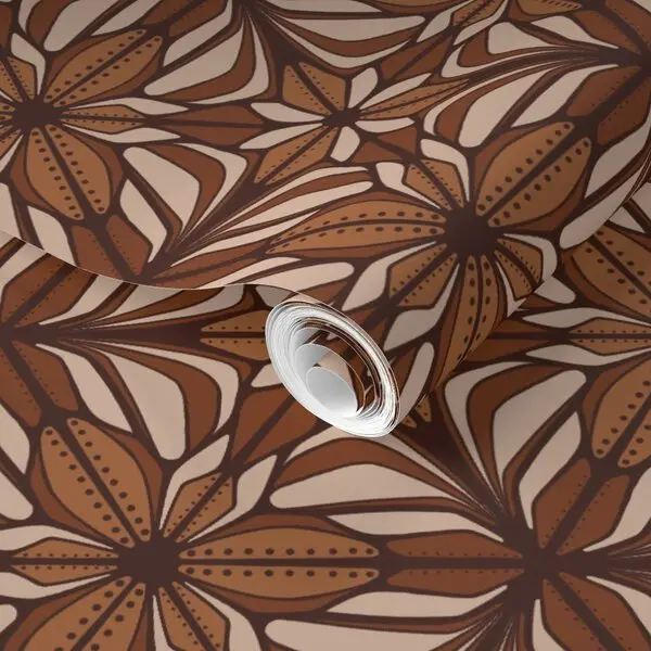 Spoonflower Seventies Kaleidoscope Floral Sixties Retro Custom Pre-pasted Wallpaper - Brown