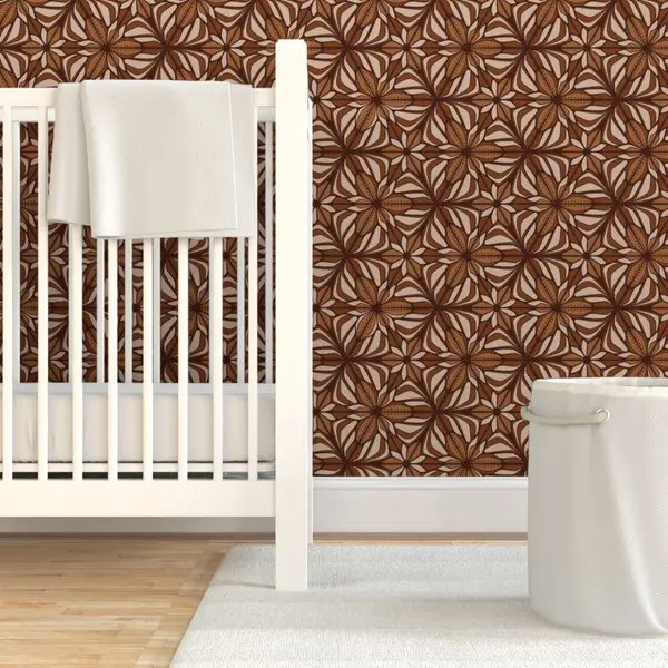 Spoonflower Seventies Kaleidoscope Floral Sixties Retro Custom Pre-pasted Wallpaper - Brown