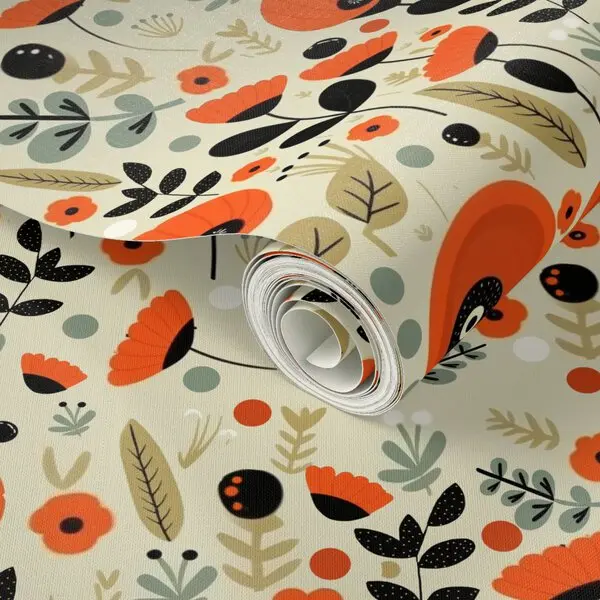 Spoonflower Mid Century Floral Retro Atomic Botanical Custom Pre-pasted Wallpaper - Orange
