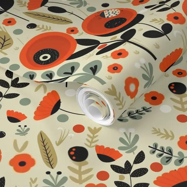 Spoonflower Mid Century Floral Retro Atomic Botanical Custom Pre-pasted Wallpaper - Orange