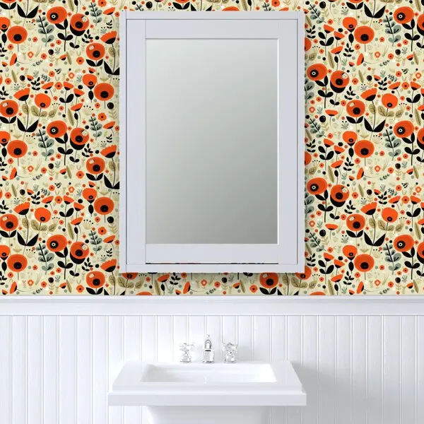 Spoonflower Mid Century Floral Retro Atomic Botanical Custom Pre-pasted Wallpaper - Orange