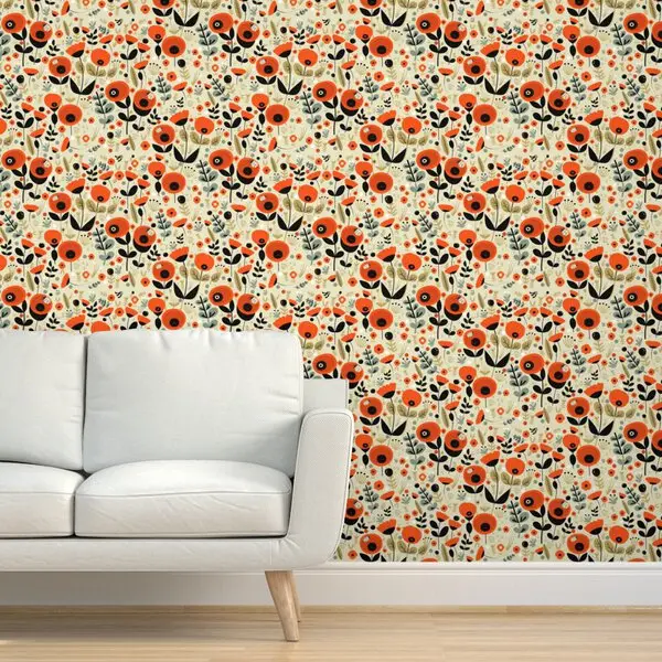 Spoonflower Mid Century Floral Retro Atomic Botanical Custom Pre-pasted Wallpaper - Orange