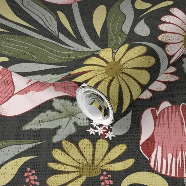 Spoonflower Pink Tulip Daisy Botanical Dusky Rose Yellow Custom Pre-pasted Wallpaper - Sage