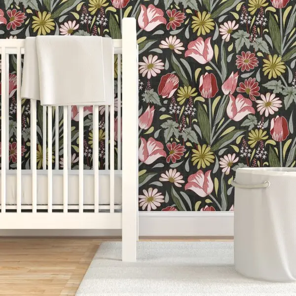 Spoonflower Pink Tulip Daisy Botanical Dusky Rose Yellow Custom Pre-pasted Wallpaper - Sage