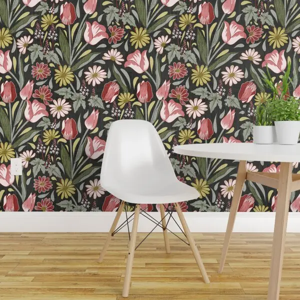 Spoonflower Pink Tulip Daisy Botanical Dusky Rose Yellow Custom Pre-pasted Wallpaper - Sage