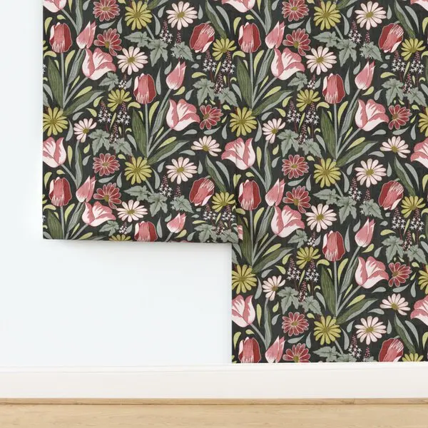 Spoonflower Pink Tulip Daisy Botanical Dusky Rose Yellow Custom Pre-pasted Wallpaper - Sage