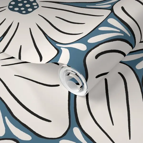 Spoonflower Modern Floral Blue Botanical Garden Bloom Meadow Custom Pre-pasted Wallpaper - White,blue