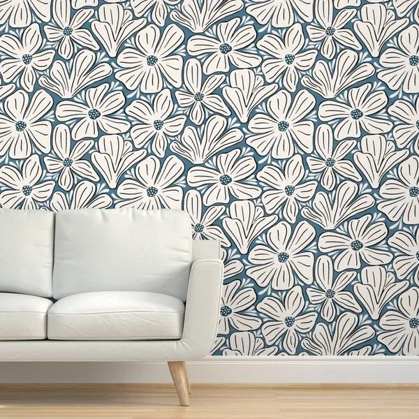 Spoonflower Modern Floral Blue Botanical Garden Bloom Meadow Custom Pre-pasted Wallpaper - White,blue