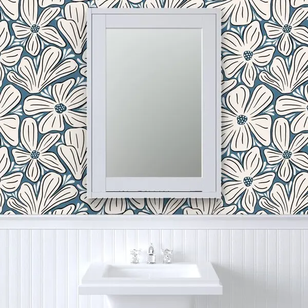 Spoonflower Modern Floral Blue Botanical Garden Bloom Meadow Custom Pre-pasted Wallpaper - White,blue