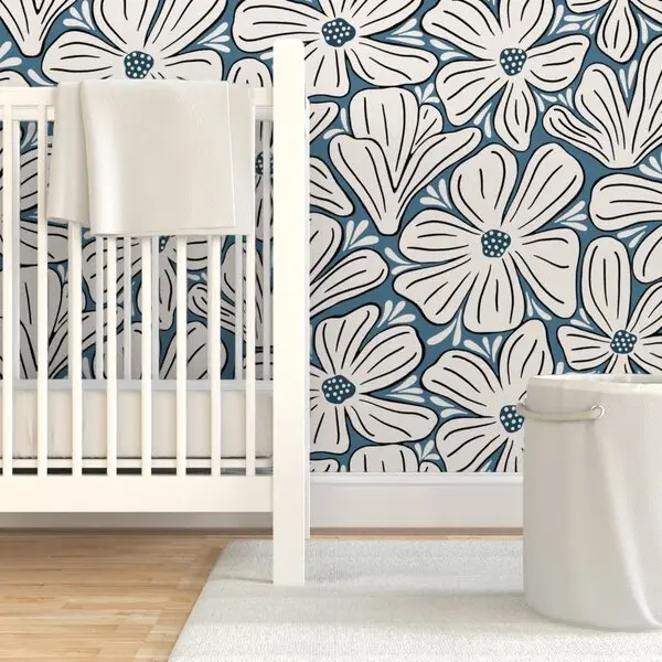 Spoonflower Modern Floral Blue Botanical Garden Bloom Meadow Custom Pre-pasted Wallpaper - White,blue