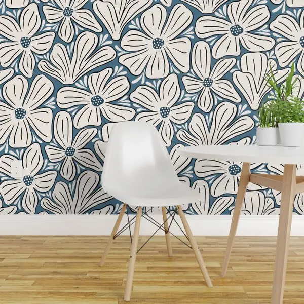 Spoonflower Modern Floral Blue Botanical Garden Bloom Meadow Custom Pre-pasted Wallpaper - White,blue