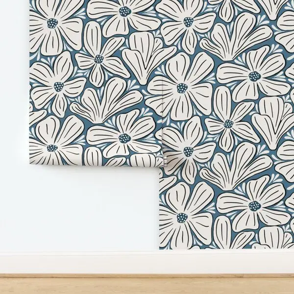 Spoonflower Modern Floral Blue Botanical Garden Bloom Meadow Custom Pre-pasted Wallpaper - White,blue