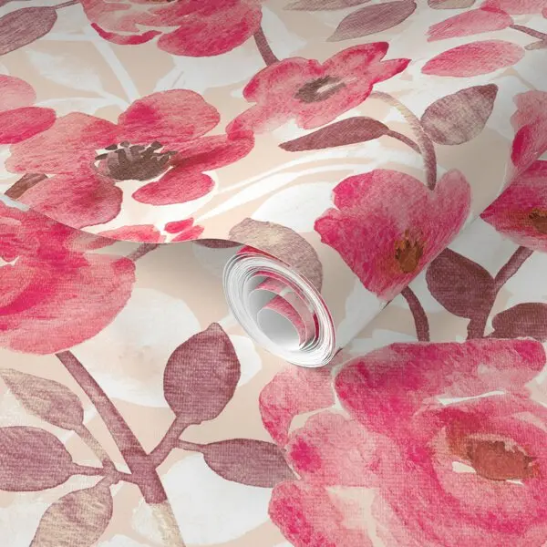 Spoonflower Watercolor Bloom Pink On Extra Large Custom Pre-pasted Wallpaper - Cream