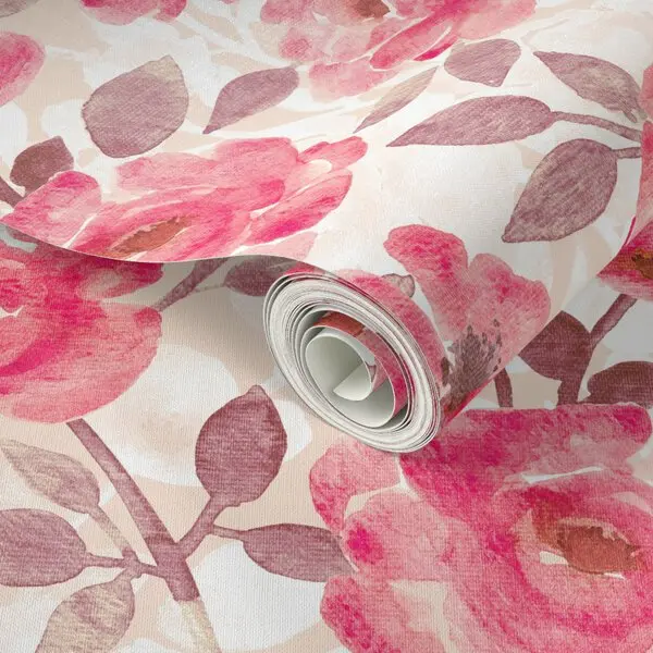 Spoonflower Watercolor Bloom Pink On Extra Large Custom Pre-pasted Wallpaper - Cream