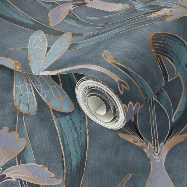 Spoonflower Art Nouveau Deco Gray Nature Floral Lillies Custom Pre-pasted Wallpaper - Blue