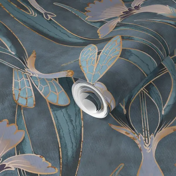 Spoonflower Art Nouveau Deco Gray Nature Floral Lillies Custom Pre-pasted Wallpaper - Blue
