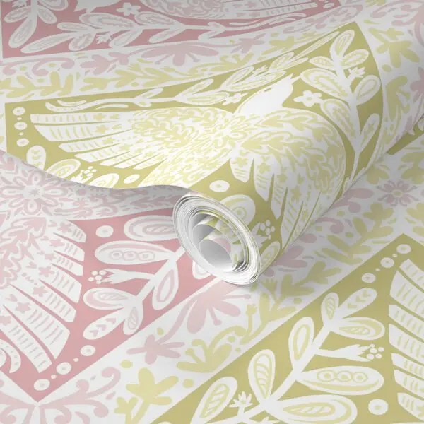 Spoonflower Scandi Damask Pastel Yellow Feminine Cheerful Custom Pre-pasted Wallpaper - Pink