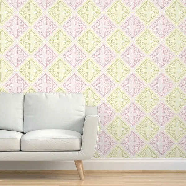 Spoonflower Scandi Damask Pastel Yellow Feminine Cheerful Custom Pre-pasted Wallpaper - Pink